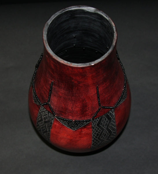African Clay Red Black Vase Tribal Design Black Beads Handcrafted 13 ...