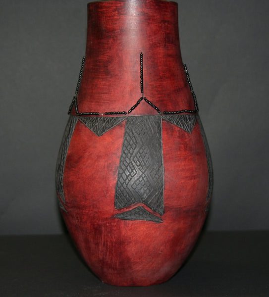 African Clay Red Black Vase Tribal Design Black Beads Handcrafted 13 ...